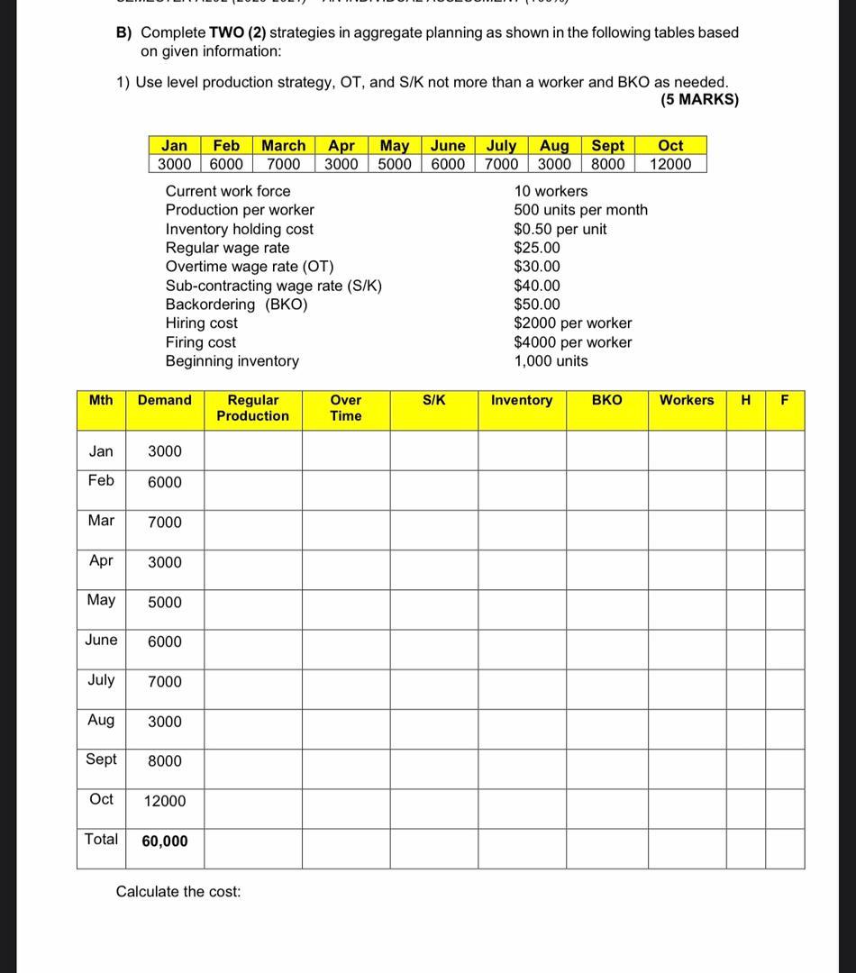 Solved B) Complete TWO (2) strategies in aggregate planning | Chegg.com