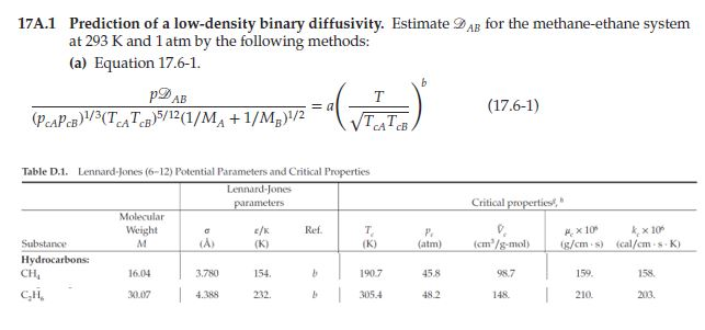 Solved 17a1 Prediction Of A Low Density Binary Diffusivity 