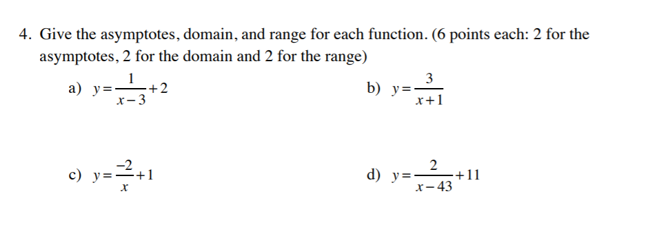Solved 4. Give the asymptotes, domain, and range for each | Chegg.com