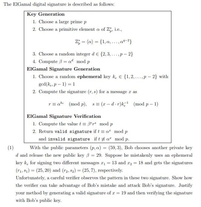 Solved The ElGamal digital signature is described as | Chegg.com