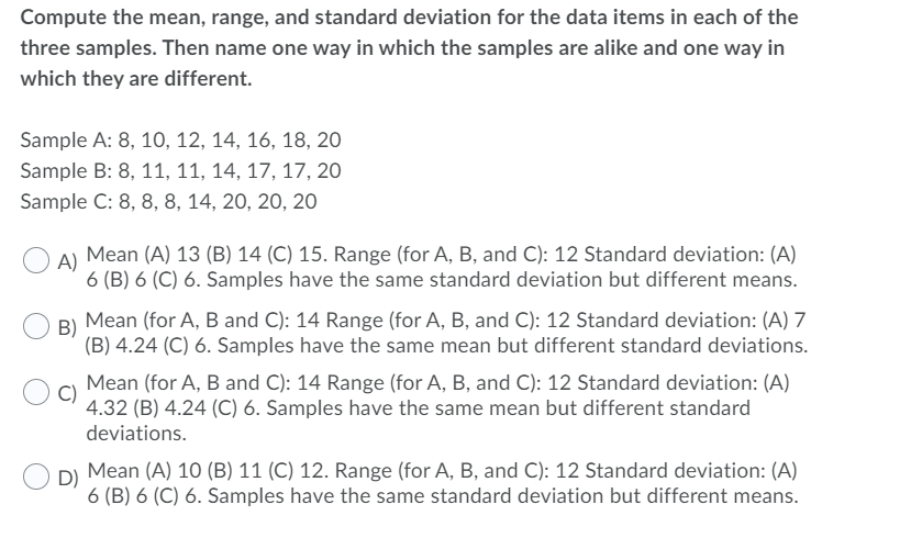 Solved Compute the mean, range, and standard deviation for | Chegg.com