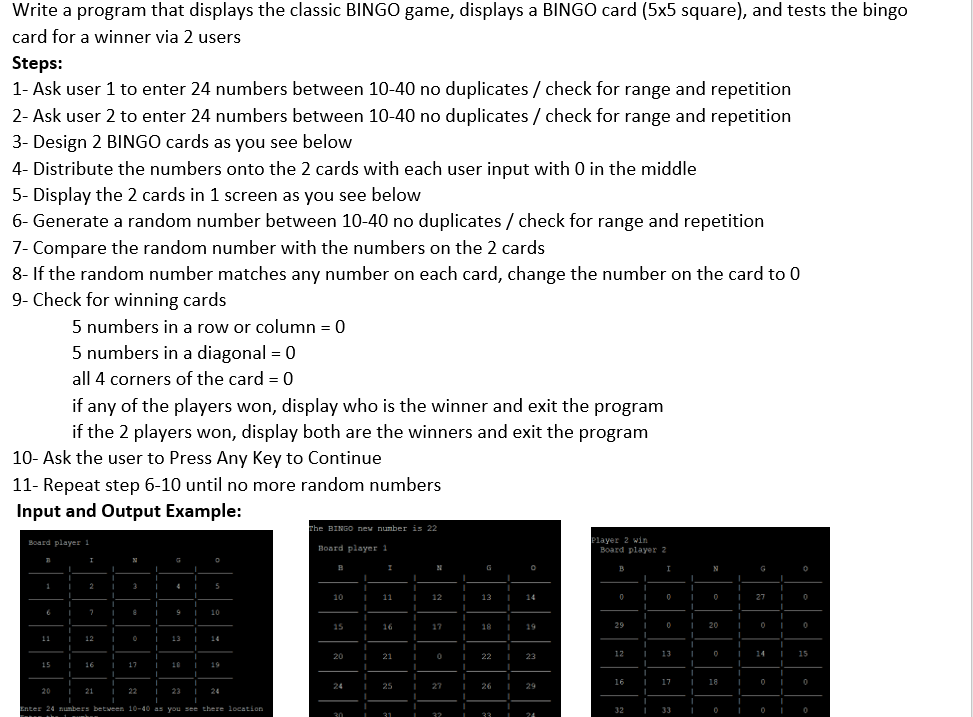 Write a program that displays the classic BINGO game, | Chegg.com