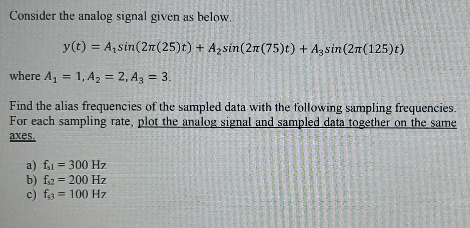 Solved Consider the analog signal given as below. y(t) = A | Chegg.com