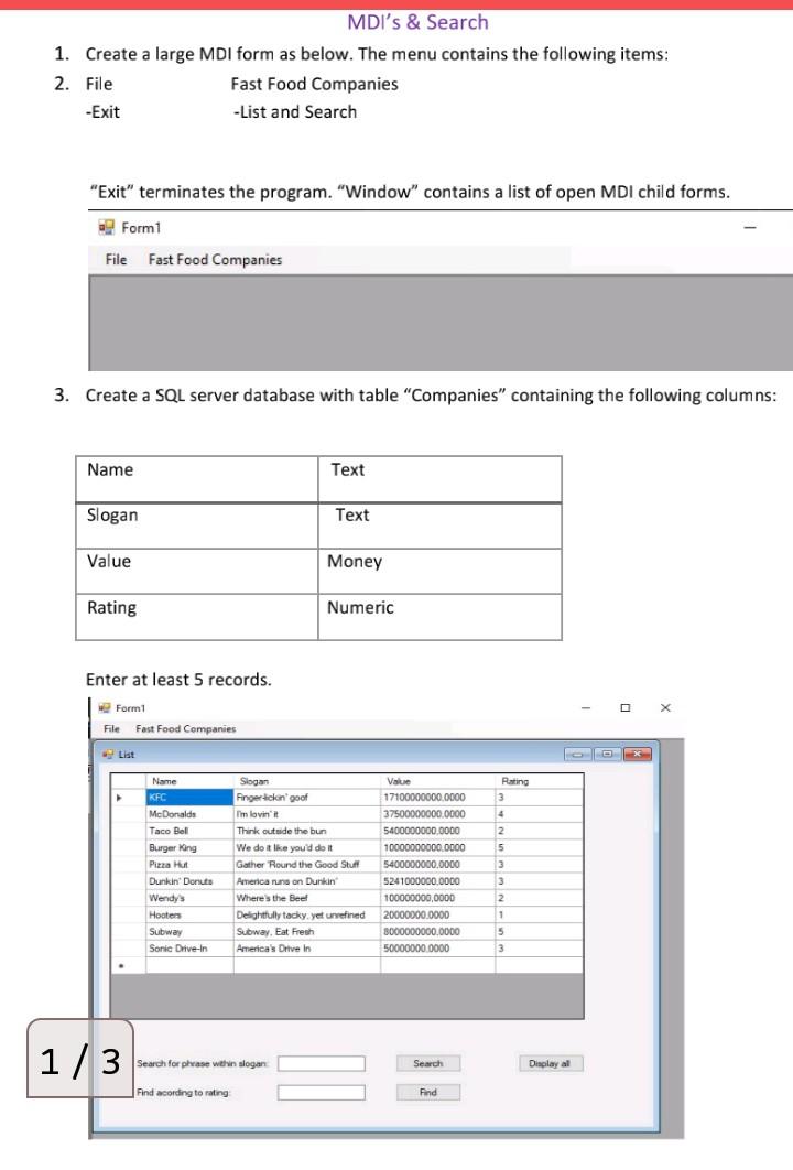 Solved MD's & Search 1. Create a large MDI form as below. | Chegg.com