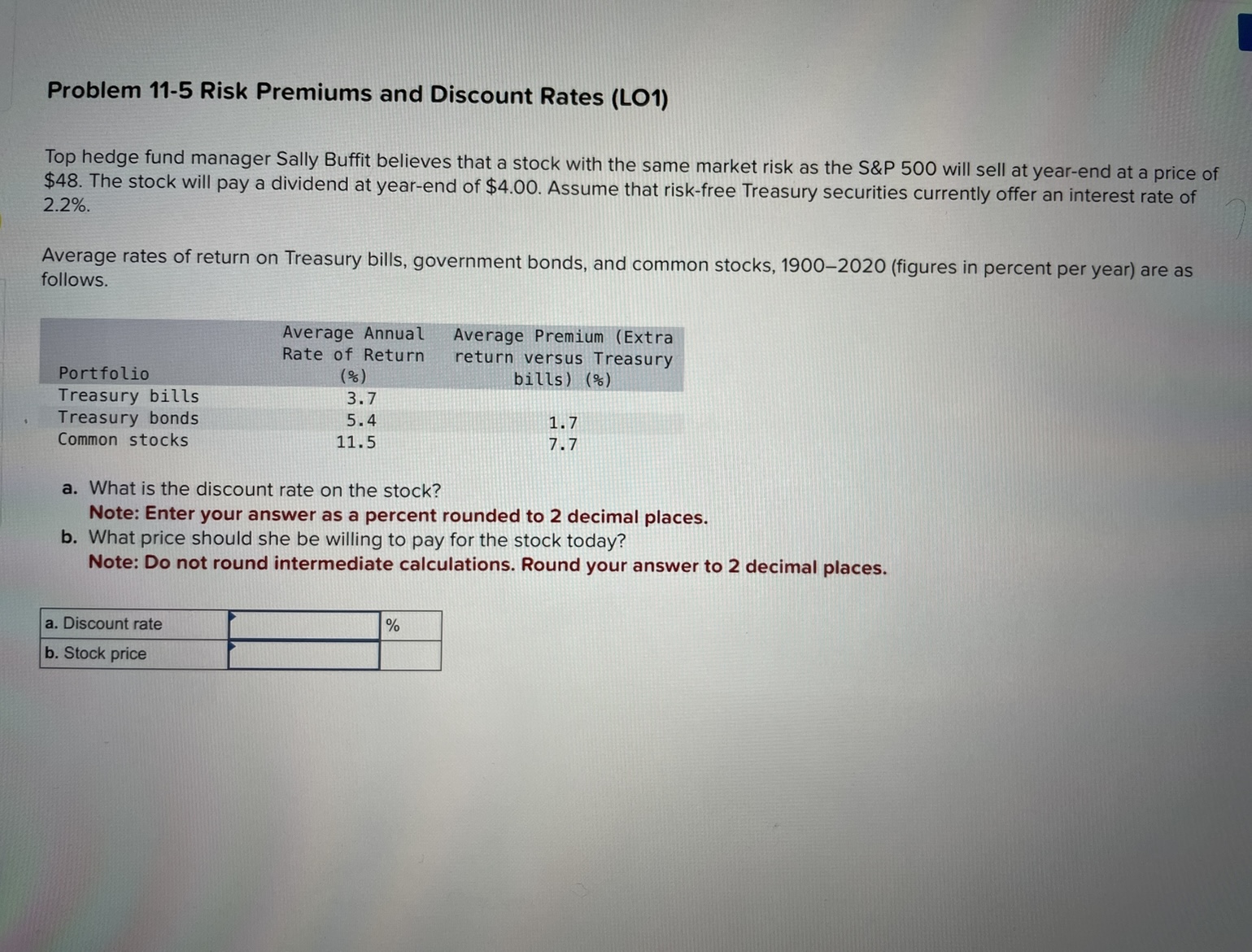 Solved Problem 11-5 Risk Premiums and Discount Rates (LO1) | Chegg.com
