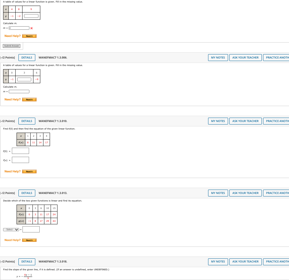 Solved A table of values for a linear function is given. | Chegg.com