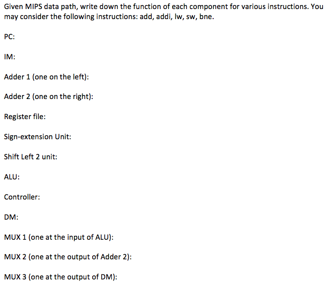 Given MIPS data path, write down the function of each | Chegg.com