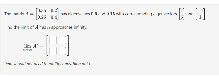Solved The matrix A=[0.350.250.20.4] has eigenvalues 0.6 and | Chegg.com