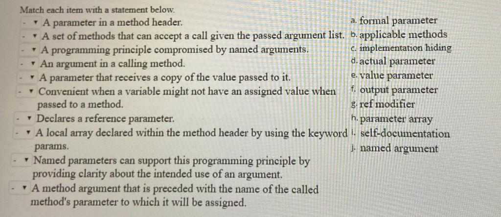 Solved Match each item with a statement below. A parameter | Chegg.com