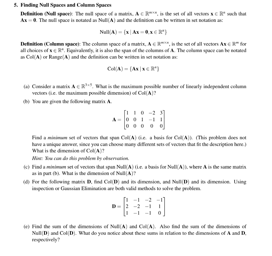 Solved Finding Null Spaces and Column SpacesDefinition (Null | Chegg.com