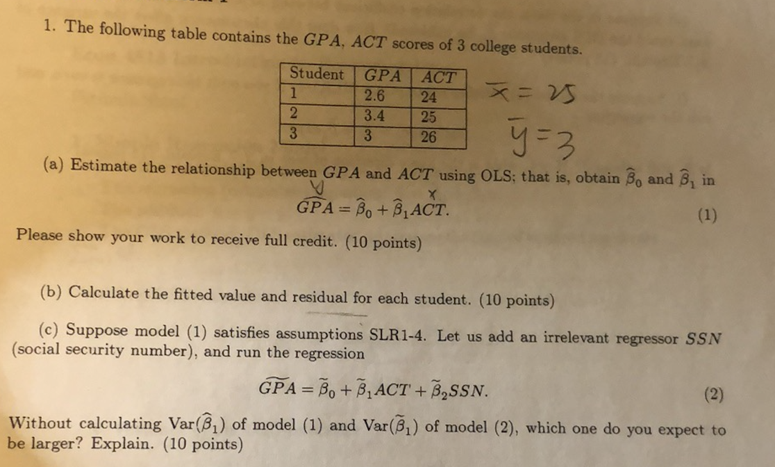 Solved 1. The following table contains the GPA, ACT scores | Chegg.com