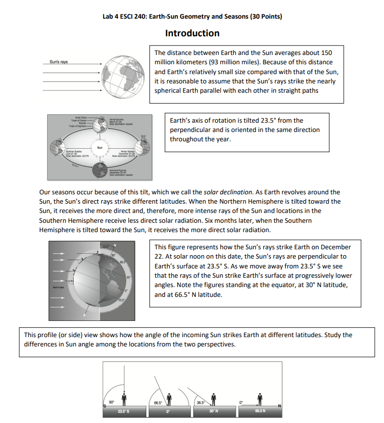 Solved Lab 4 ESCl 240: Earth-Sun Geometry and Seasons (30 | Chegg.com