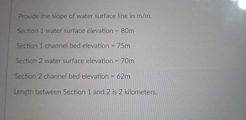 Solved Provide the slope of water surface line in m/m. | Chegg.com