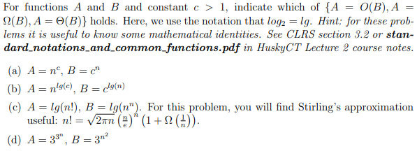 Solved For functions A and B and constant c>1, indicate | Chegg.com