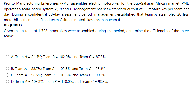 Solved Pronto Manufacturing Enterprises (PME) assembles | Chegg.com