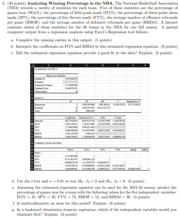 Solved 2. (40 points) Analyzing Winning Percentage in the | Chegg.com
