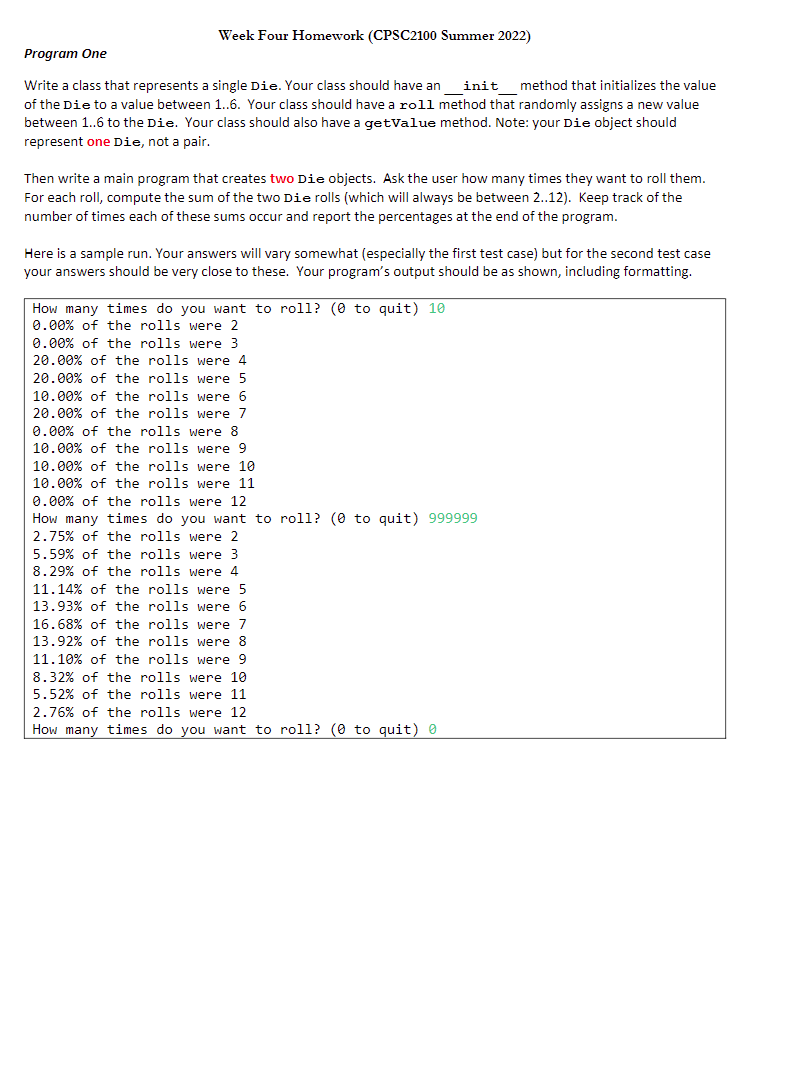 Solved Week Four Homework (CPSC2100 Summer 2022) Program One | Chegg.com