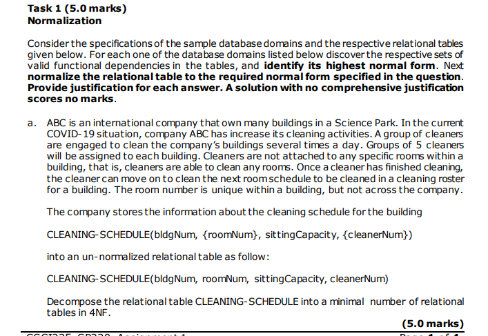 Solved Task 1 (5.0 marks) Normalization Consider the | Chegg.com