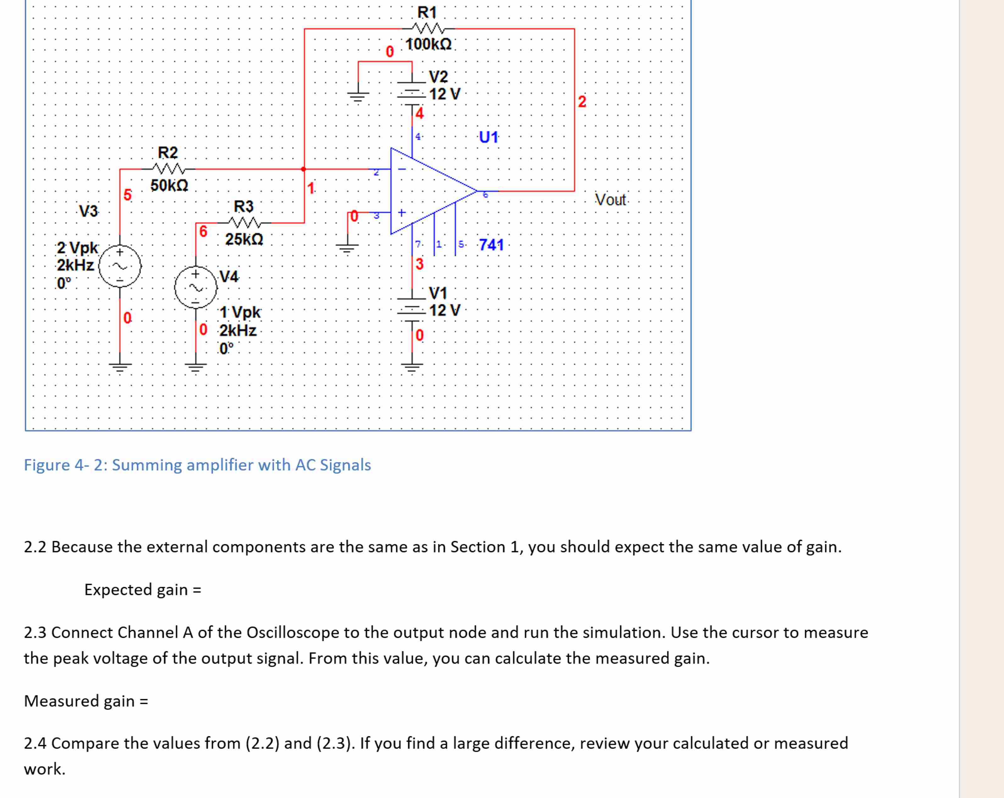 Solved Figure 4- 2: Summing amplifier with AC Signals2.2 | Chegg.com