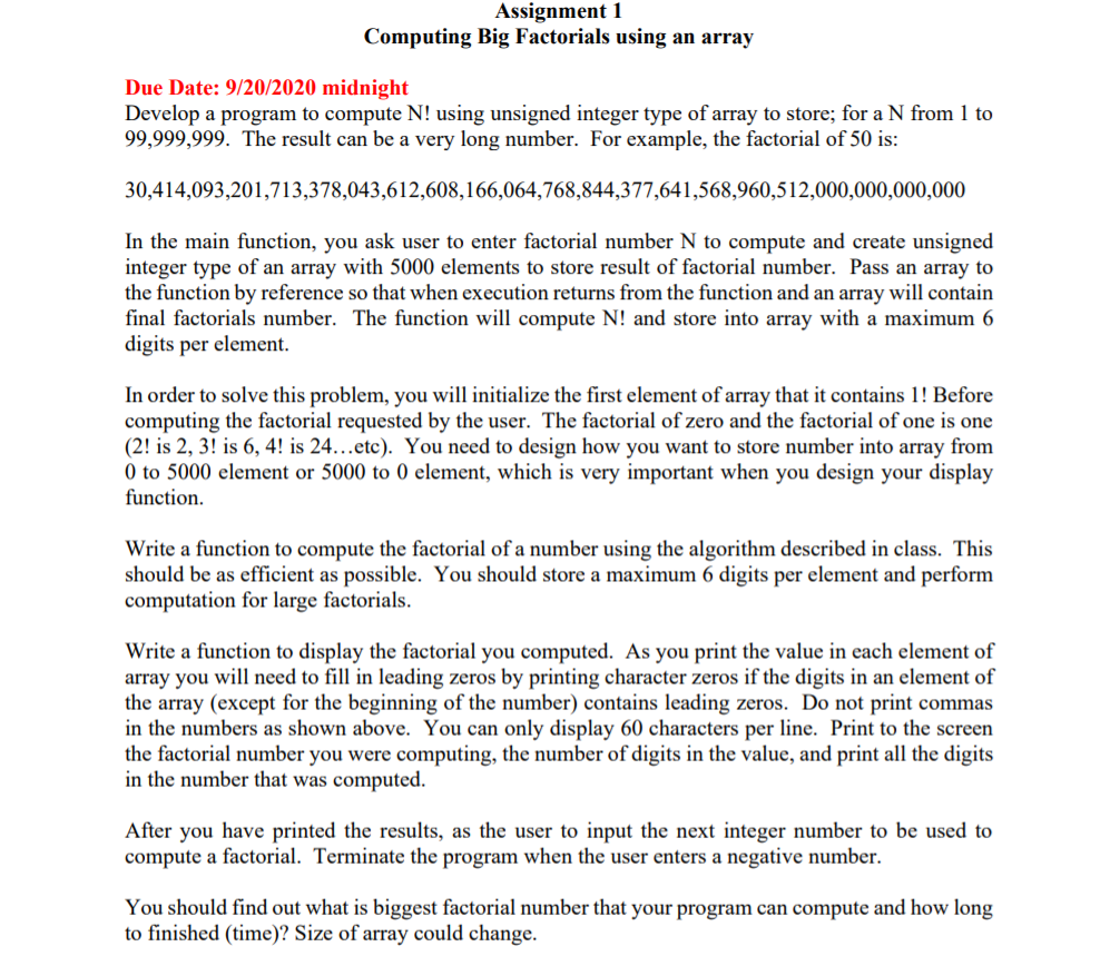 Solved Assignment 1 Computing Big Factorials using an array | Chegg.com