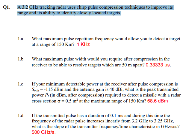Solved Q1. ﻿A 3.2 ﻿GHz tracking radar uses chirp pulse | Chegg.com