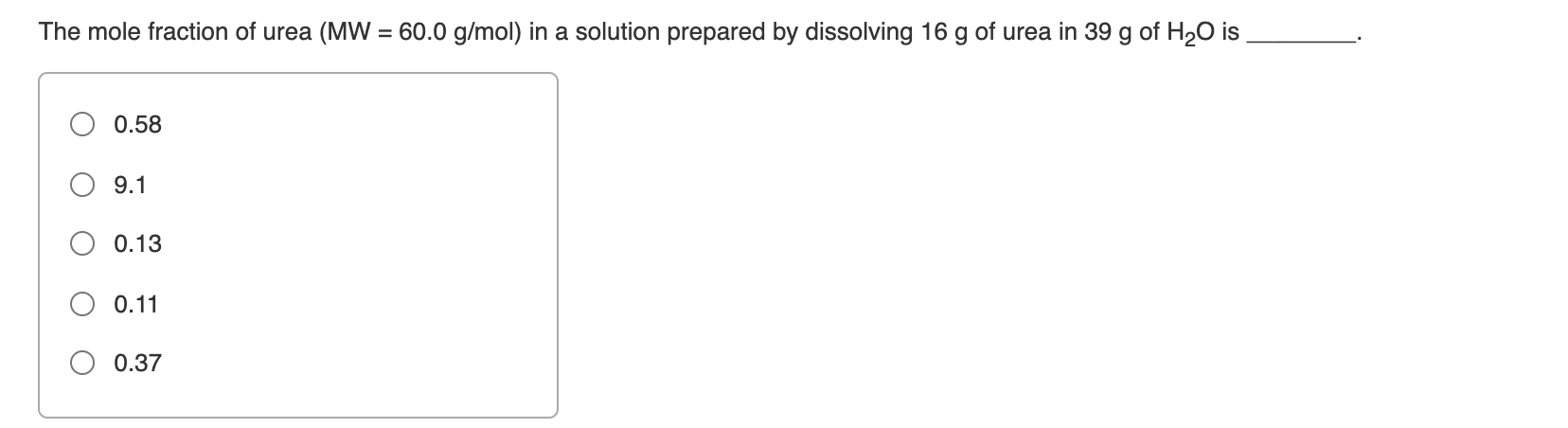 Solved The mole fraction of urea (MW = 60.0 g/mol) in a | Chegg.com