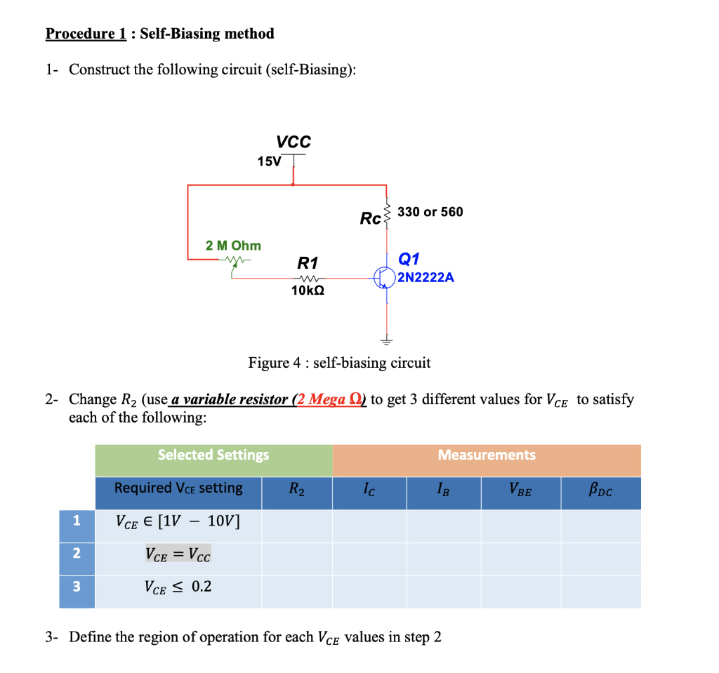 Solved Procedure 1 : Self-Biasing method 1- Construct the | Chegg.com