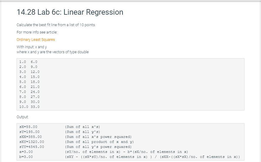 Solved 14.28 Lab 6c: Linear Regression Calculate the best | Chegg.com