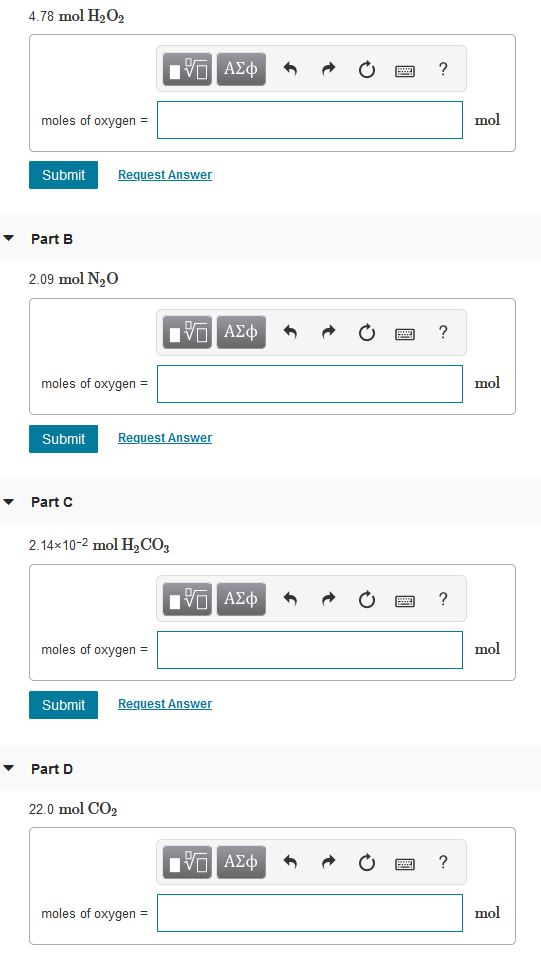 Solved Determine the number of moles of oxygen atoms in each | Chegg.com
