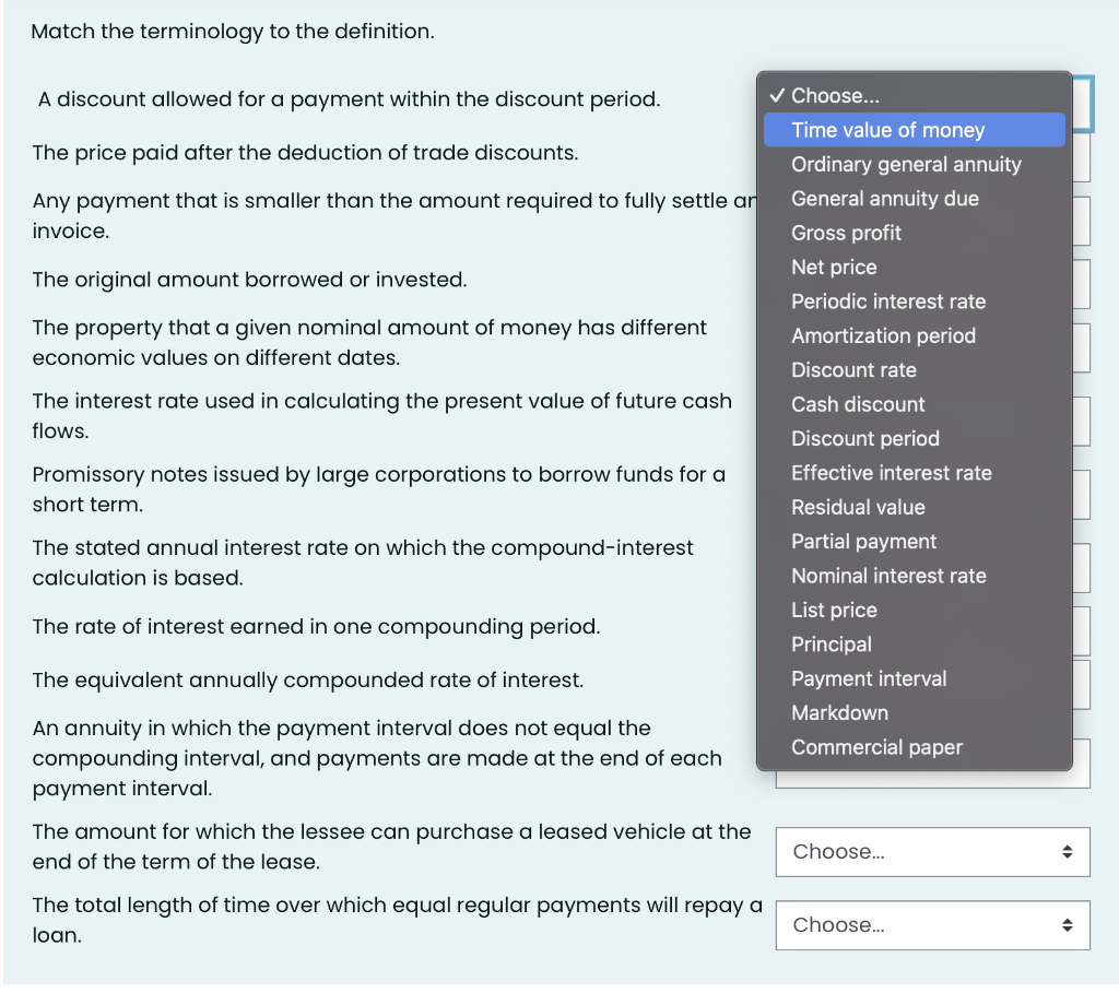 Solved Match the terminology to the definition. A discount | Chegg.com