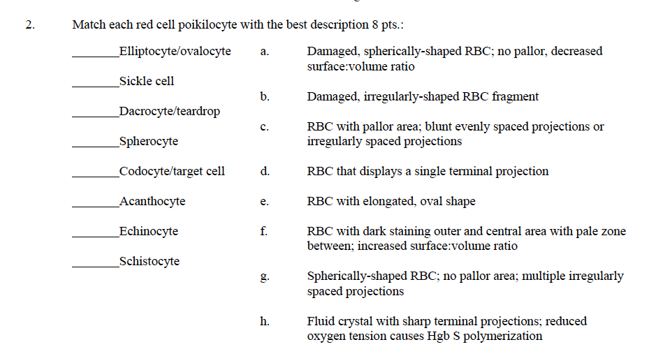 Solved 2. Match each red cell poikilocyte with the best | Chegg.com