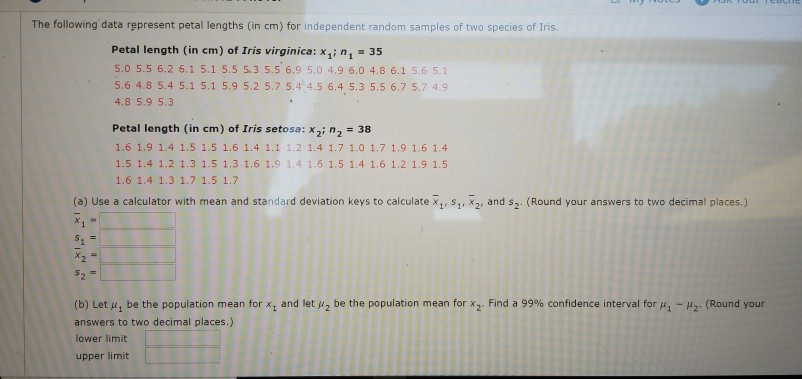 Solved The following data represent petal lengths (in cm) | Chegg.com