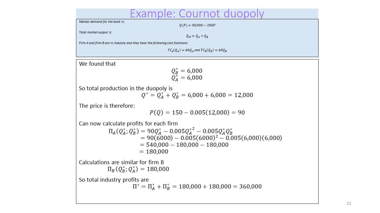 Solved Example: Cournot duopoly Your firm sells a textbook | Chegg.com