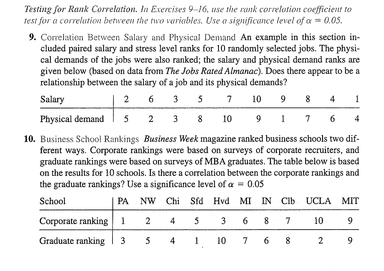 Solved Testing for Rank Correlation. In Exercises 9-16, use | Chegg.com