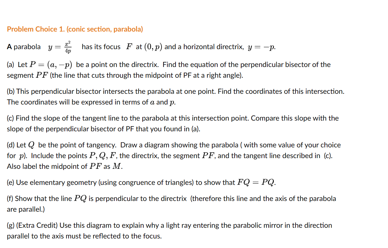 Solved Problem Choice 1. (conic section, parabola)A parabola | Chegg.com