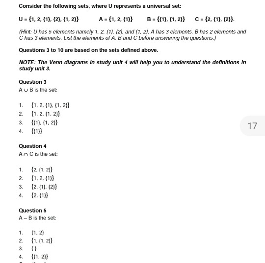 Solved Consider the following sets, where U represents a | Chegg.com