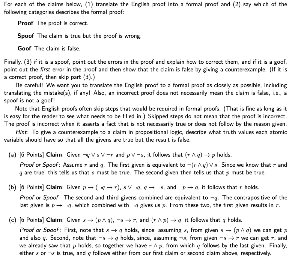 For each of the claims below, (1) translate the | Chegg.com