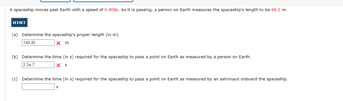 Solved A spaceship moves past Earth with a speed of 0.908c. | Chegg.com