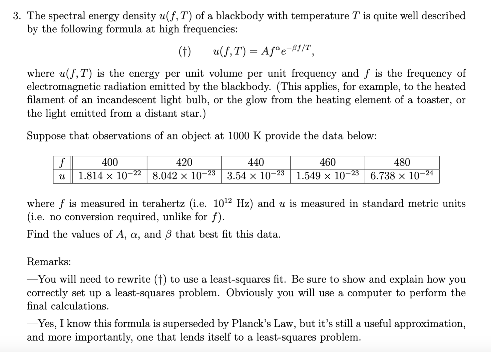 Solved The spectral energy density u(f,T) of a blackbody | Chegg.com