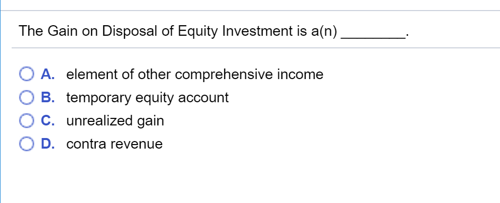 Solved The Gain on Disposal of Equity Investment is a(n) 0 | Chegg.com