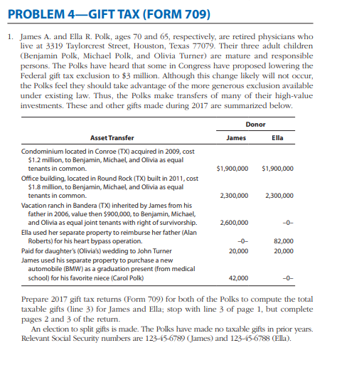 PROBLEM 4-GIFT TAX (FORM 709) 1. James A. and Ella R. | Chegg.com