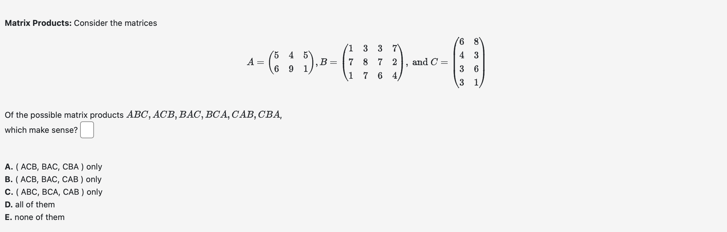 Solved Matrix Products: Consider the matrices | Chegg.com