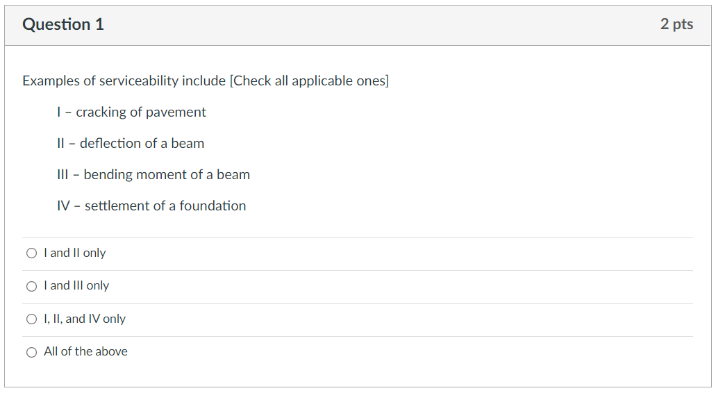 Solved Question 1 Examples of serviceability include [Check | Chegg.com