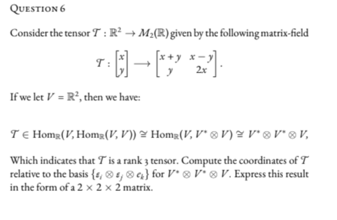 Solved Consider the tensor T:R2→M2(R) given by the following | Chegg.com