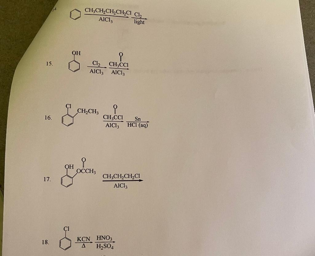 Solved CH3CH,CH CH CI CIZ AICI light OH 15. Cl2 CH3CCI AlCl3 | Chegg.com