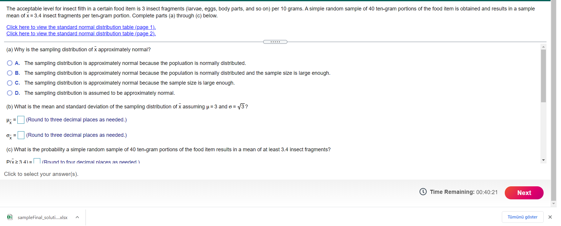 Solved The acceptable level for insect filth in a certain | Chegg.com
