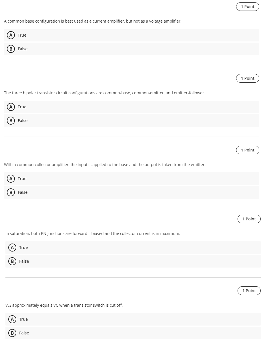 Solved 1 Point A common base configuration is best used as a | Chegg.com