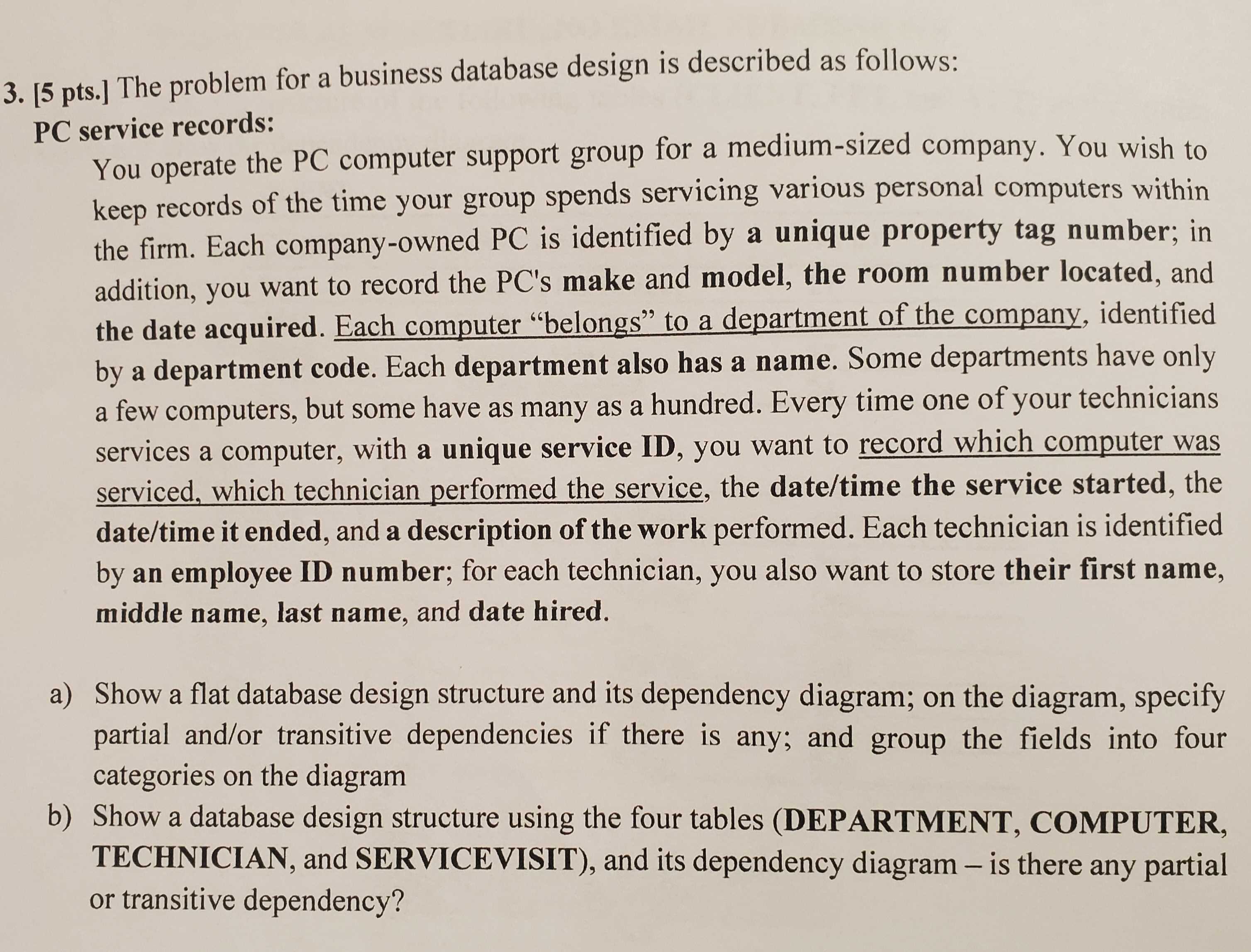 Solved [5 pts.] The problem for a business database design | Chegg.com