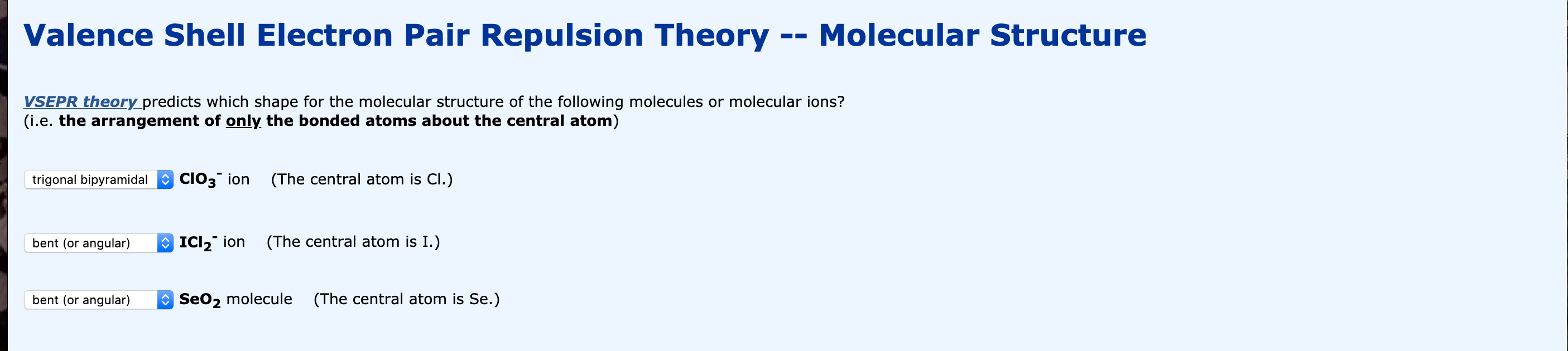 Solved Valence Shell Electron Pair Repulsion Theory - | Chegg.com