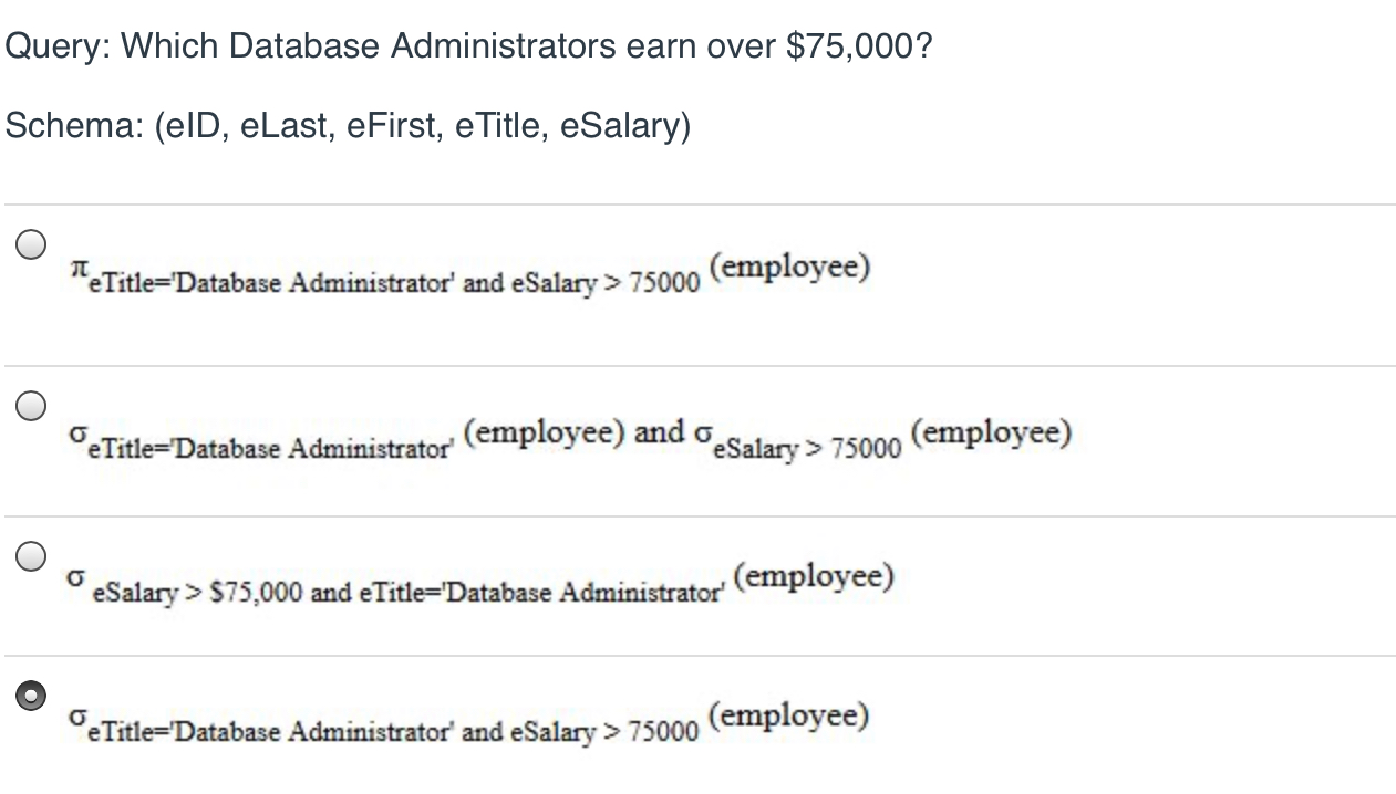 Solved Query: Which Database Administrators earn over | Chegg.com